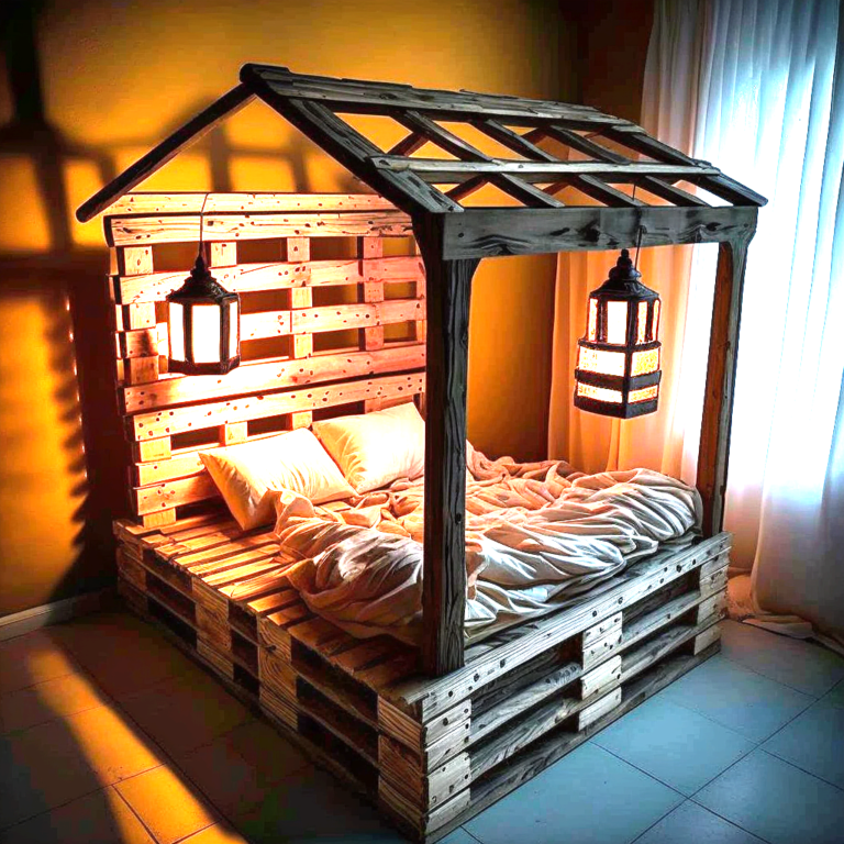 Rustic Wood Pallet Bed With Roof And Lights - HOW TO MAKE – DIY