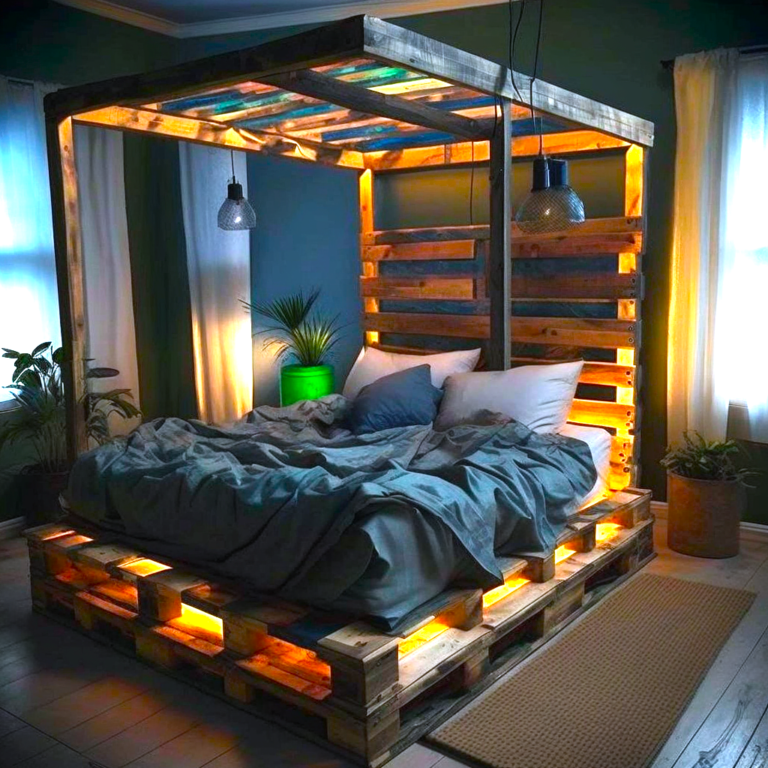 Rustic Wood Pallet Bed With Roof And Lights - HOW TO MAKE – DIY